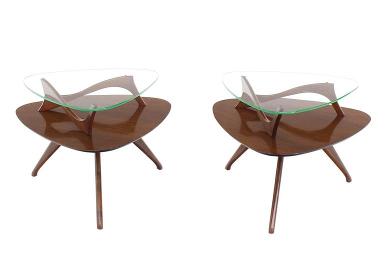 Pair of Round Triangular Tri Legged Two Tier Side End Tables For Sale ...