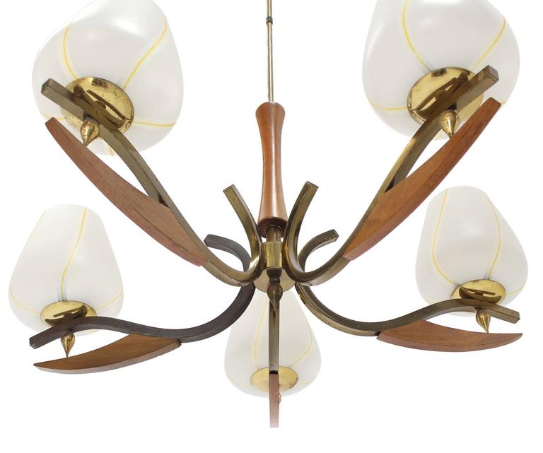 Mid-Century Modern Brass Art Glass Walnut Light Fixture at 1stDibs