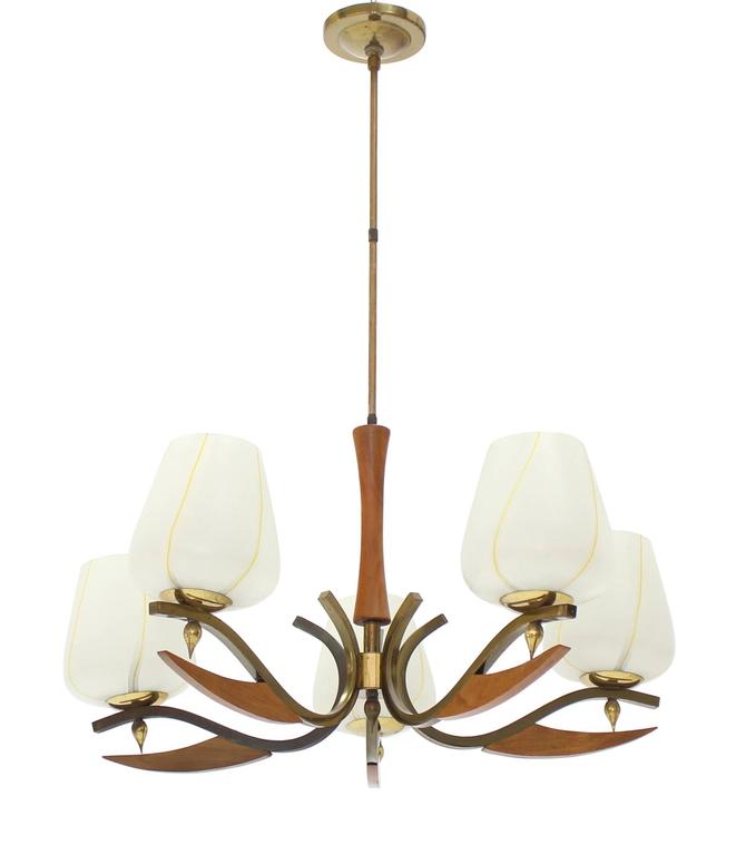 Mid-Century Modern Brass Art Glass Walnut Light Fixture at 1stDibs