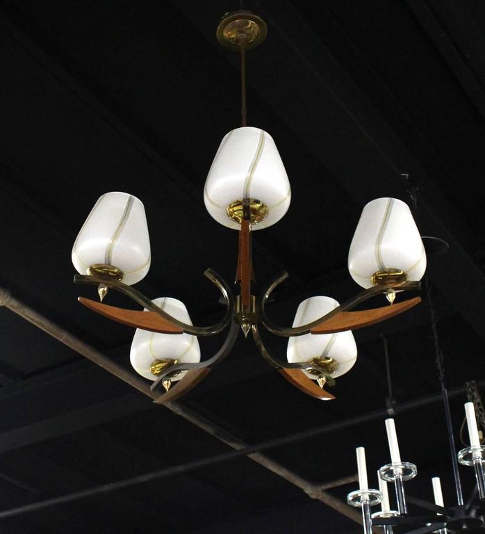 Mid-Century Modern Brass Art Glass Walnut Light Fixture at 1stDibs