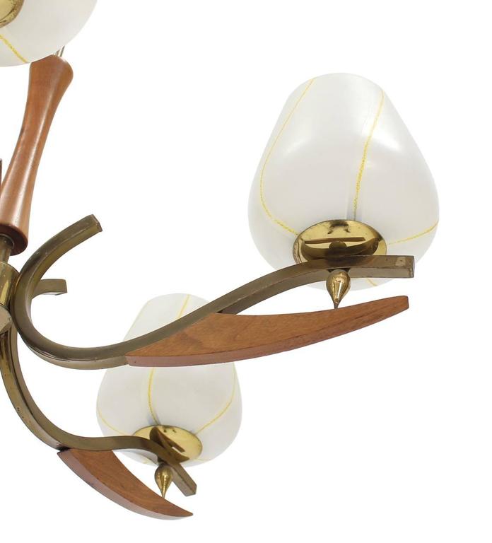 Mid-Century Modern Brass Art Glass Walnut Light Fixture at 1stDibs