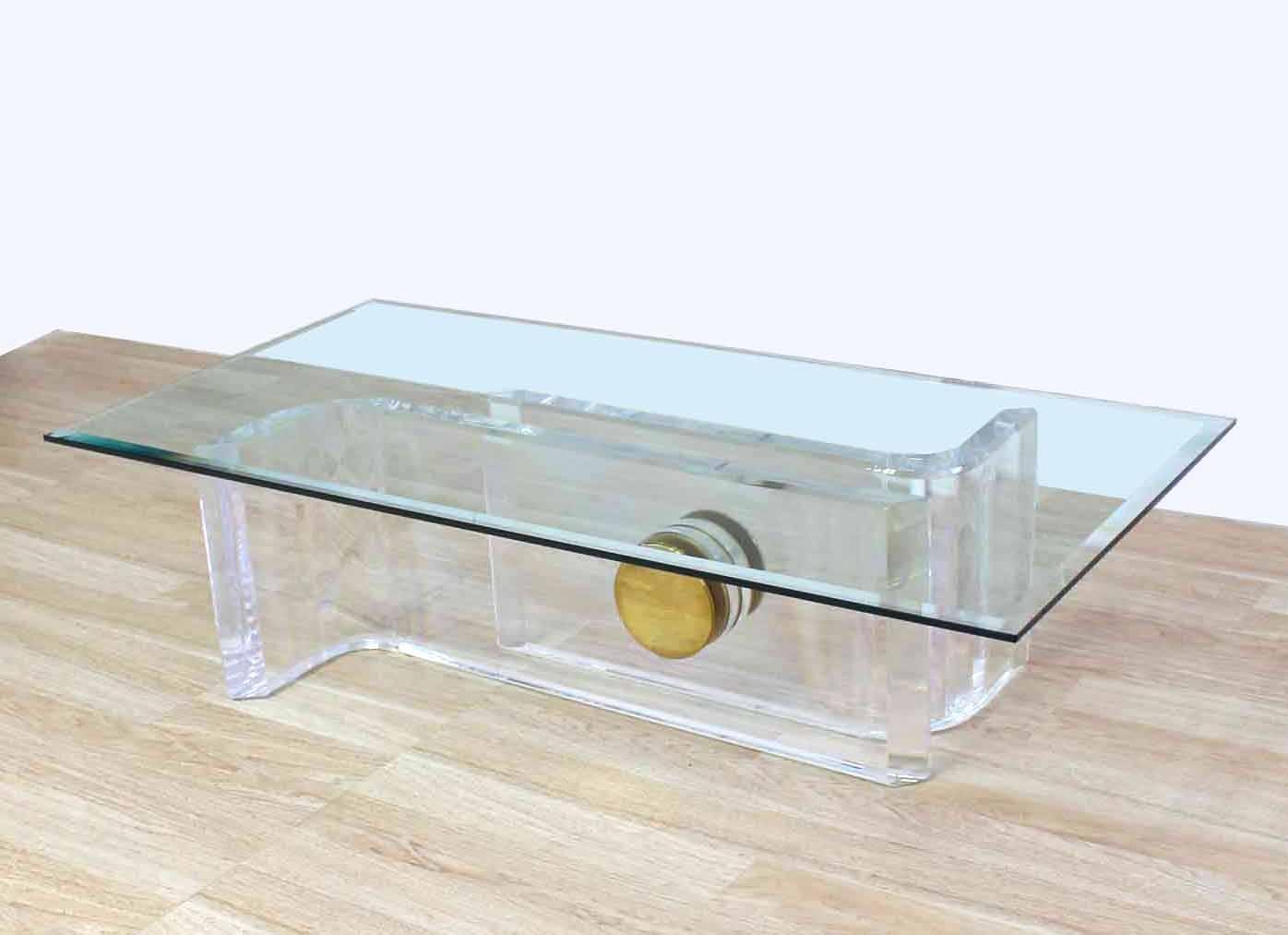 Large Rectangular Glass Top Thick Lucite and Brass Base Coffee Table ...