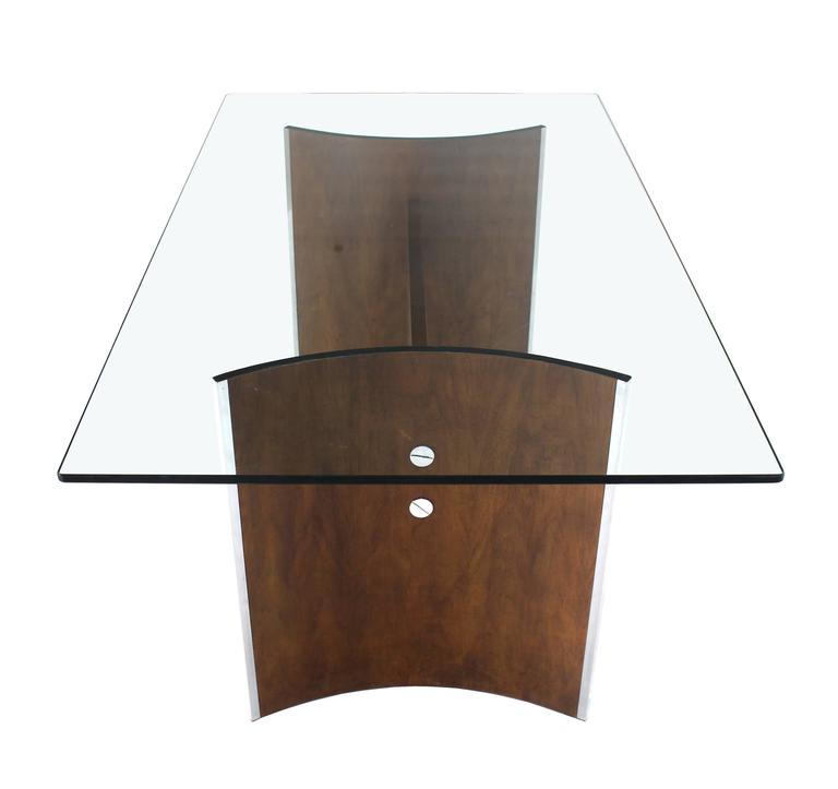 Glass Top Curved Walnut Base Dining Table at 1stDibs