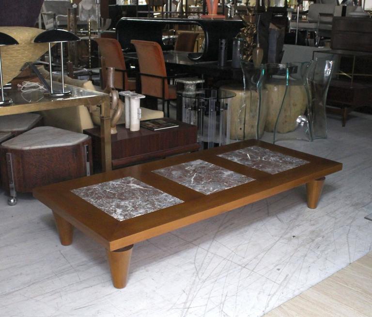 Large Rectangular Coffee Table on Heavy Legs with Marble Inserts at 1stDibs