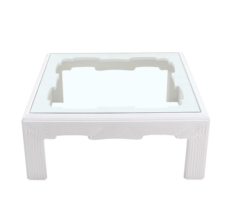 Square Modern "Wave" Pattern Carving White Lacquer Coffee Table For ...