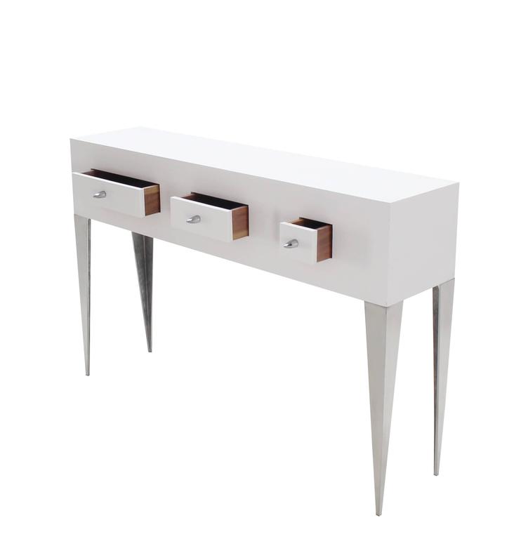 White Lacquer Console Table Cabinet Tall Tempered Legs Bullet Shape ...