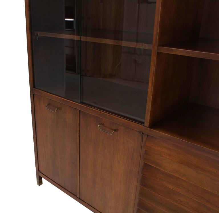 Mid-Century Walnut Bookcase Server Display Cabinet W/ Drawers Glass ...