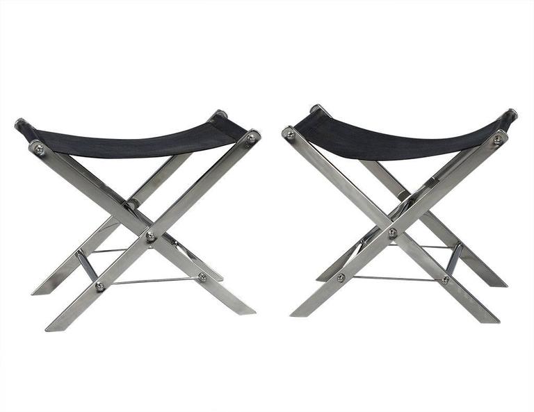 Pair of Black Leather X-Base Stools at 1stDibs