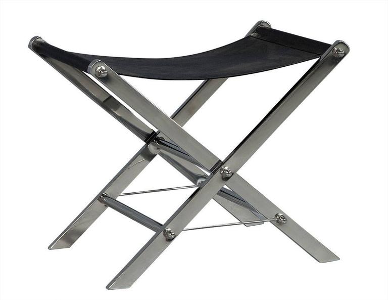 Pair of Black Leather X-Base Stools at 1stDibs