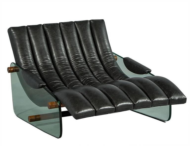 Retro Black Leather and Glass Wave Chaise For Sale at 1stDibs