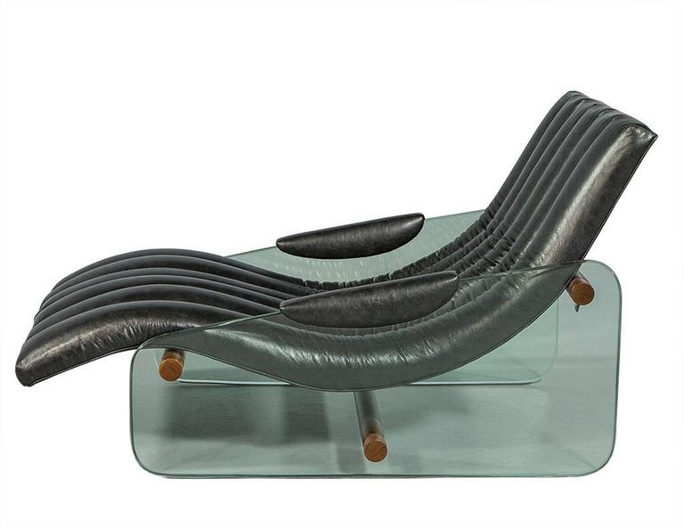 Retro Black Leather and Glass Wave Chaise For Sale at 1stDibs