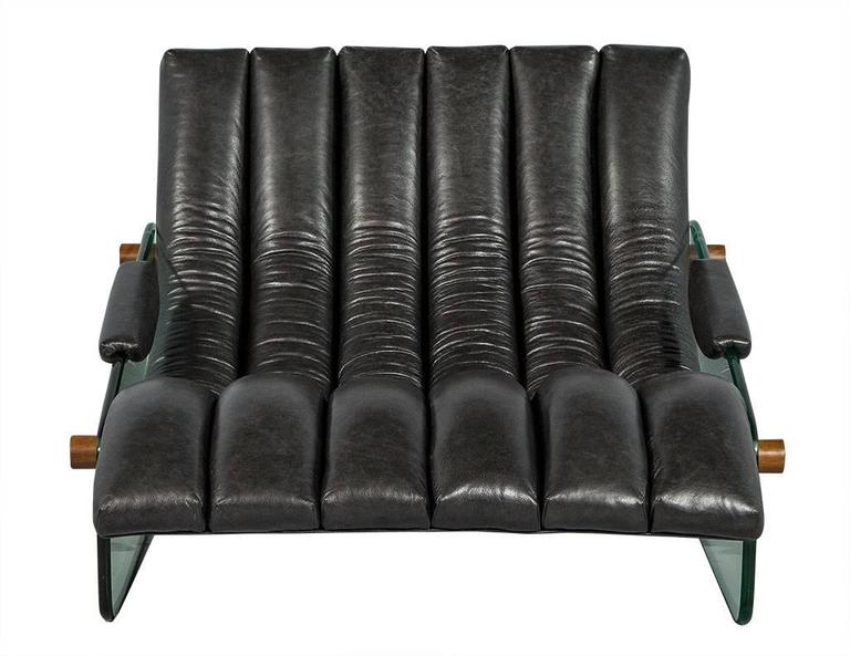 Retro Black Leather and Glass Wave Chaise For Sale at 1stDibs