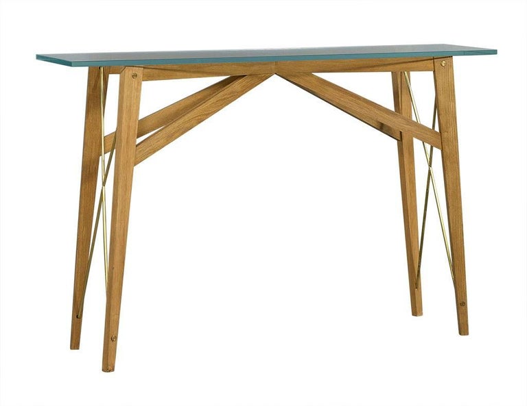 Pair of Vintage Oak Modern Glass Top Console Tables at 1stDibs