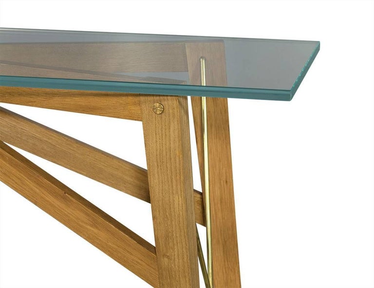 Pair of Vintage Oak Modern Glass Top Console Tables at 1stDibs