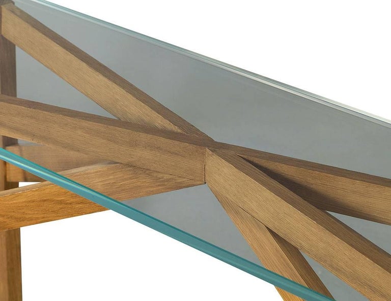 Pair of Vintage Oak Modern Glass Top Console Tables at 1stDibs