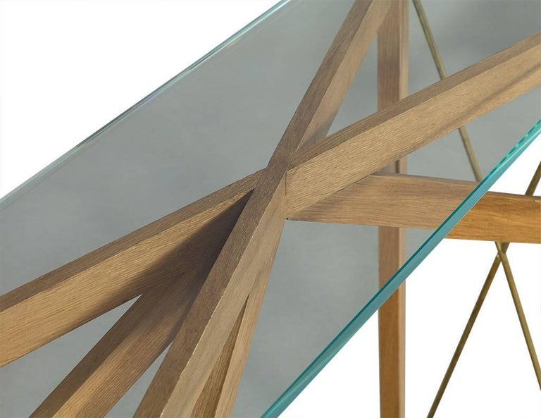 Pair of Vintage Oak Modern Glass Top Console Tables at 1stDibs