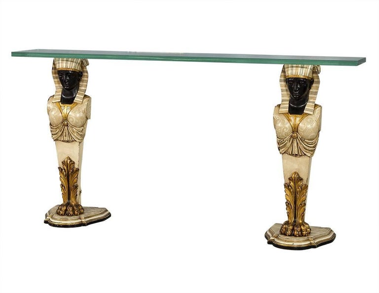 Vintage Pharaoh Base Glass Top Console Table at 1stDibs