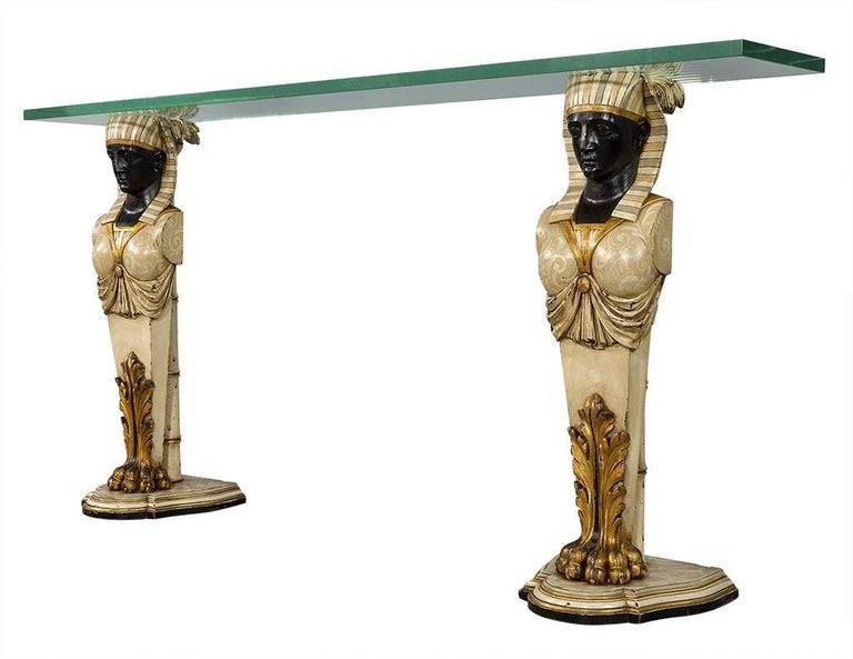 Vintage Pharaoh Base Glass Top Console Table at 1stDibs