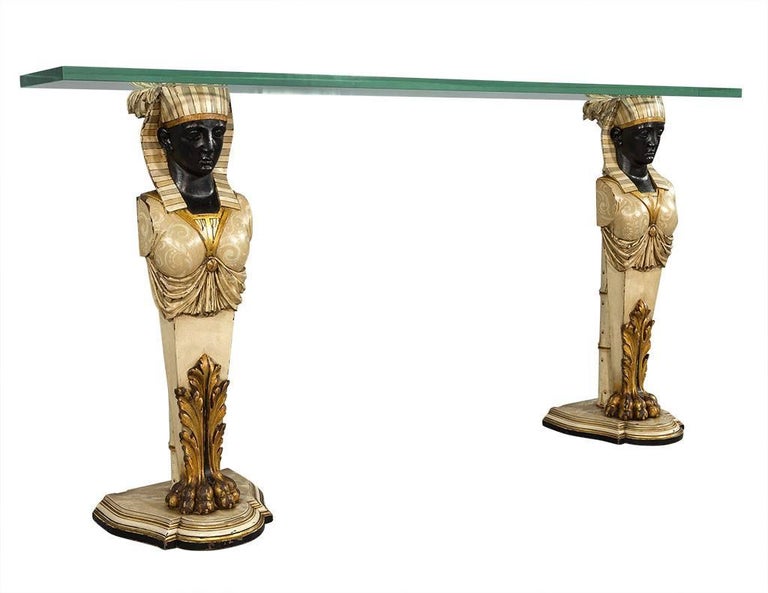 Vintage Pharaoh Base Glass Top Console Table at 1stDibs