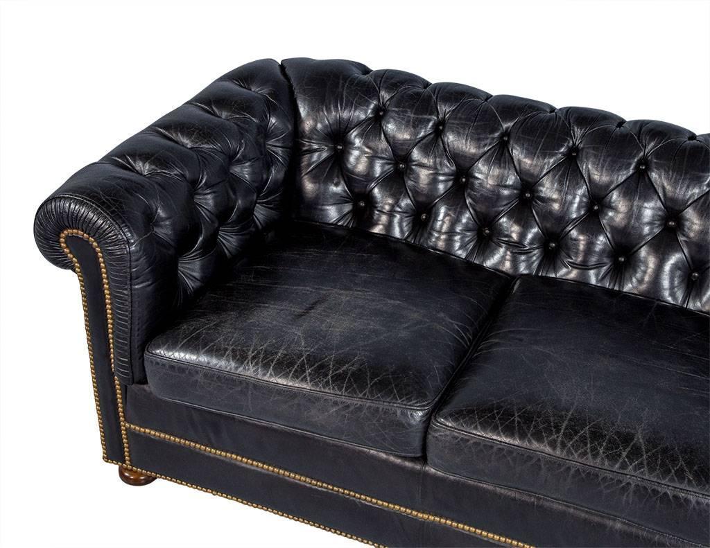 Distressed Black Leather Chesterfield at 1stdibs