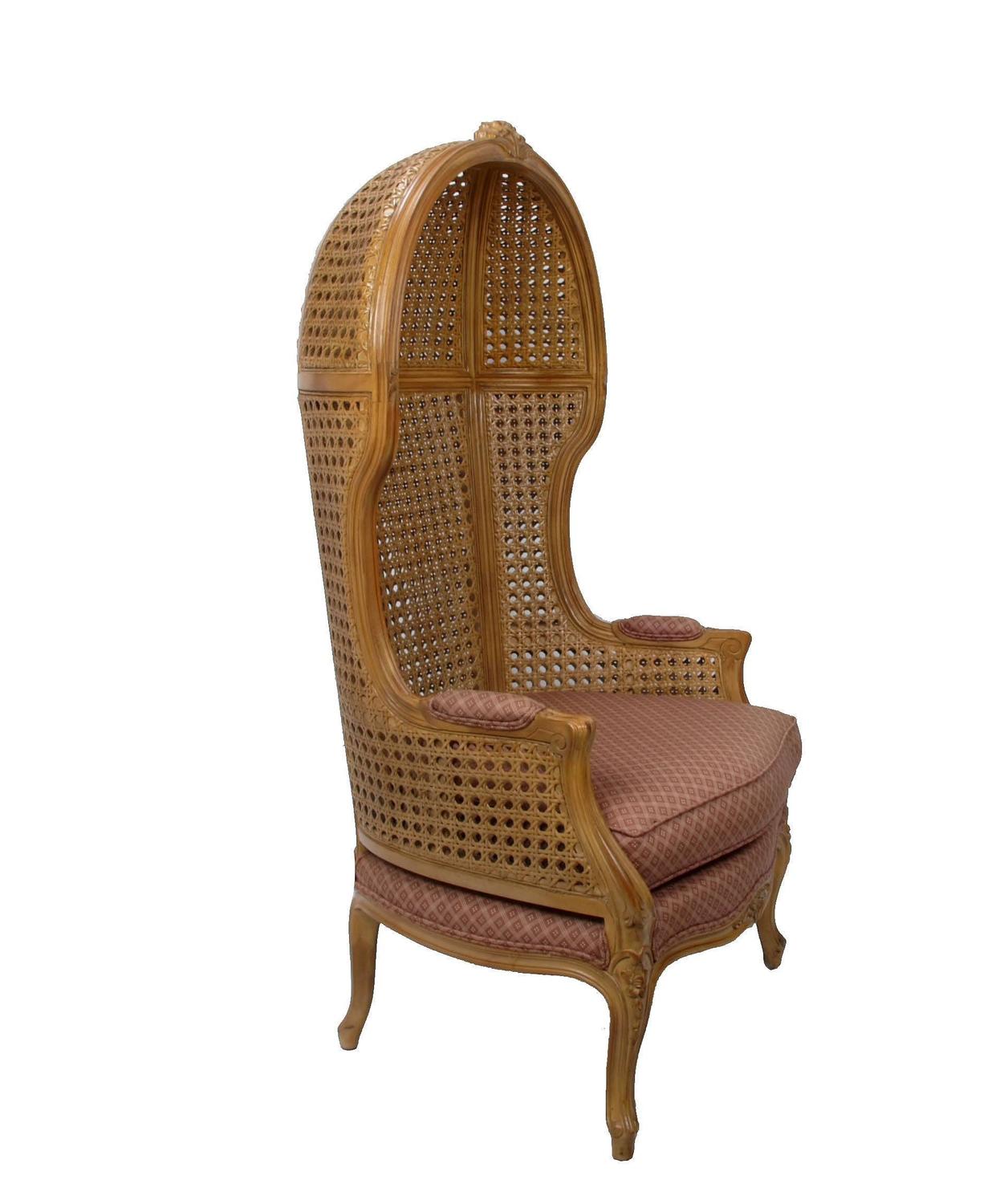 Vintage Hand-Carved Cane High-Back Hooded Chair For Sale at 1stdibs