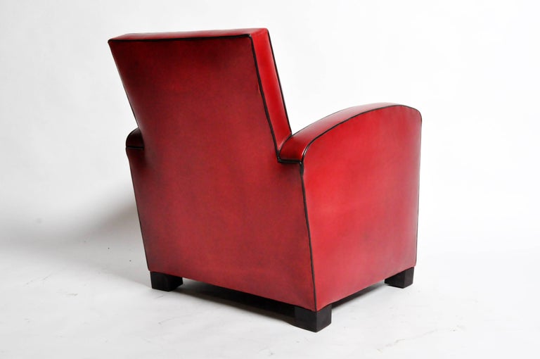 Pair of Parisian Red Leather Club Chairs with Black Piping at 1stDibs