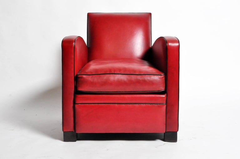 Pair of Parisian Red Leather Club Chairs with Black Piping at 1stDibs