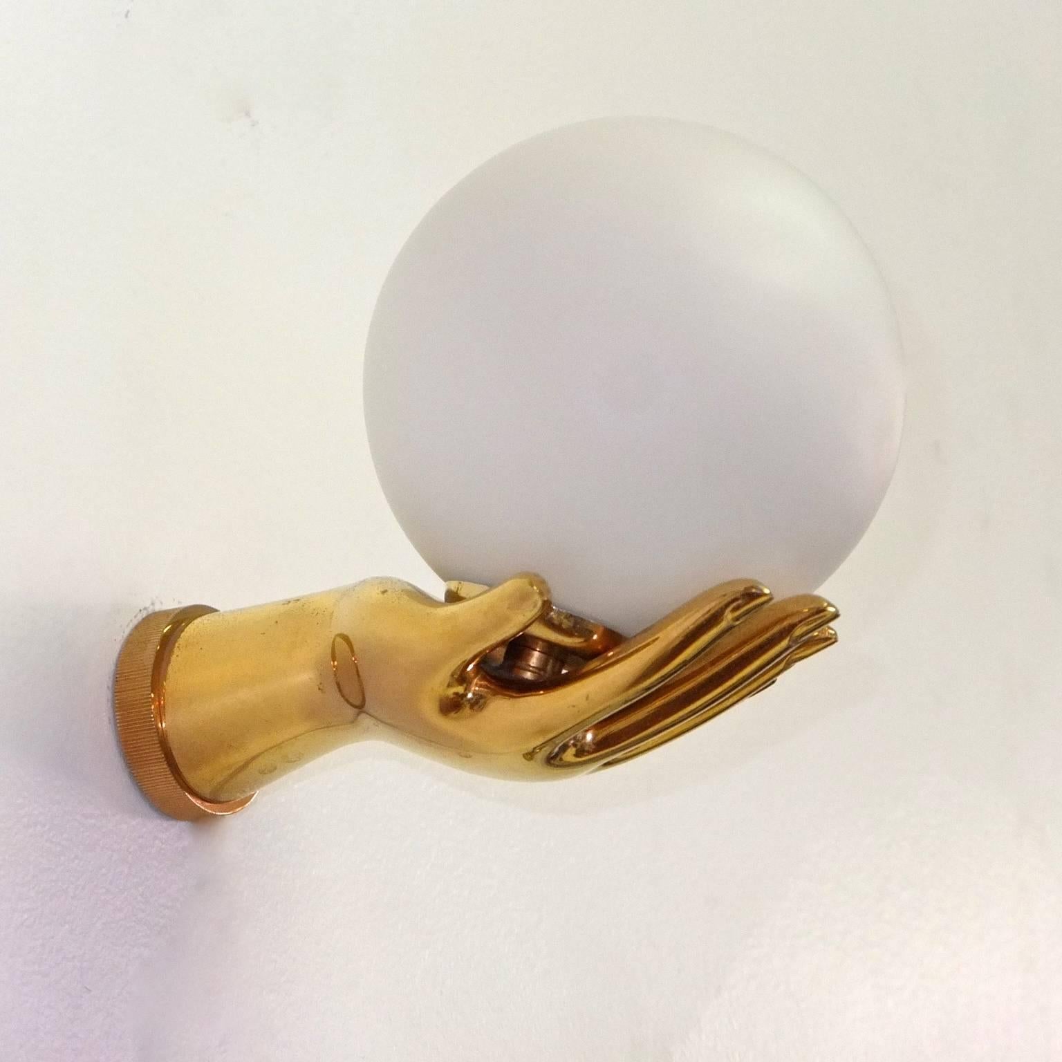 Pair of Arlus Gilt Brass Hands with Opaline Globes Sconces at 1stDibs ...