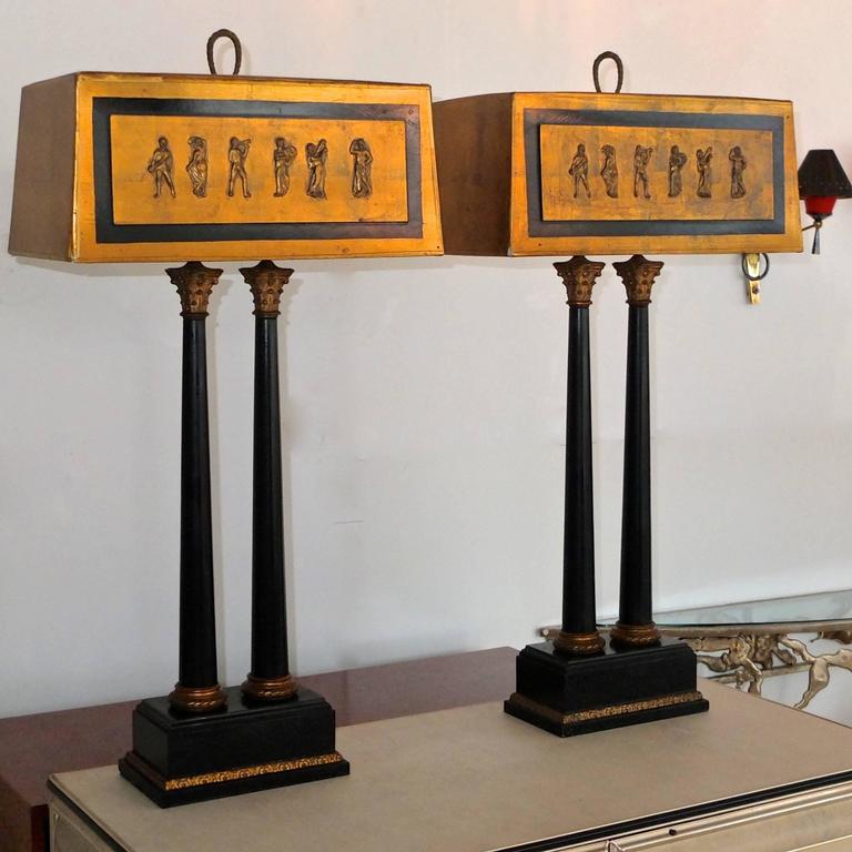 Pair of 1950s Camp Classical Double Column Lamps with Embellished ...