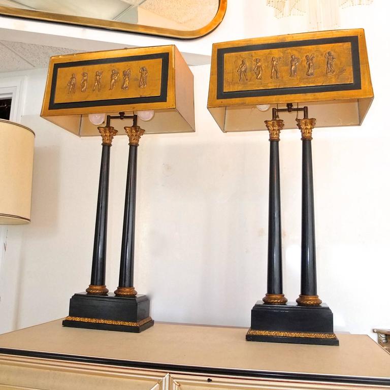 Pair of 1950s Camp Classical Double Column Lamps with Embellished ...