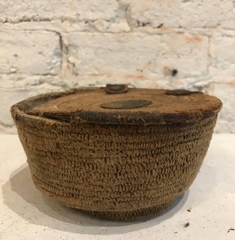 19th Century African Woven Basket Food Storage Container with Leather ...
