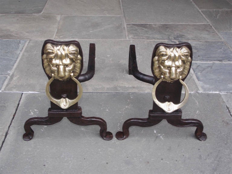 Pair of English Lion Brass and Wrought Iron Andirons with Penny Feet ...