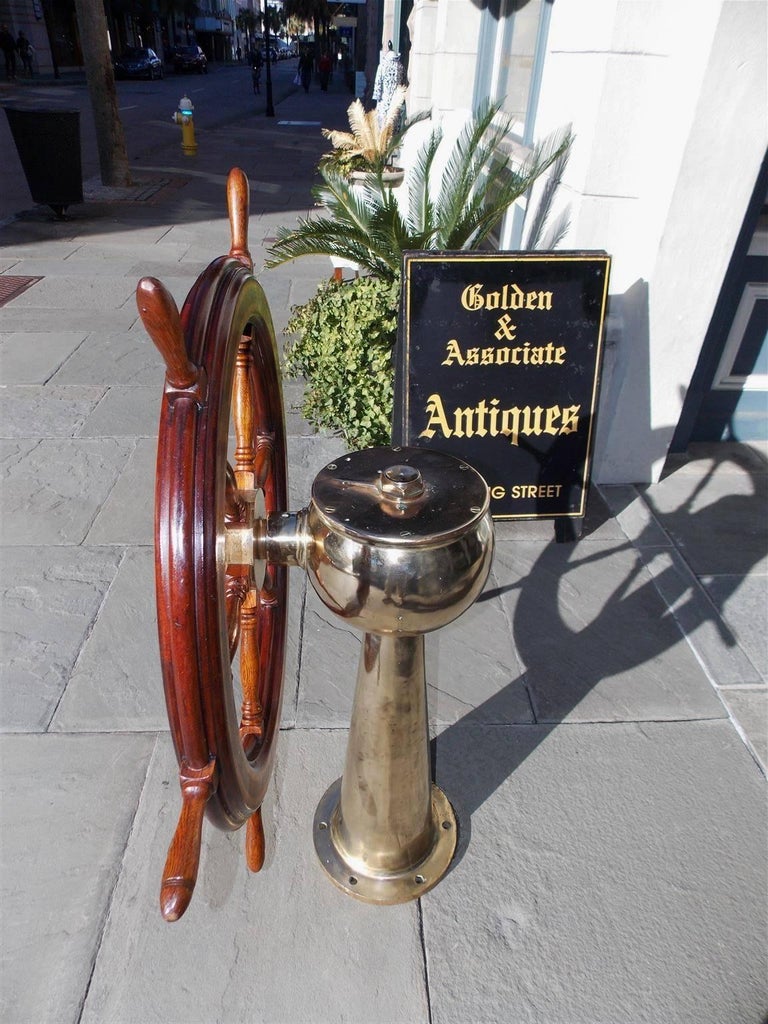 American Mahogany Nautical Ship Wheel Mounted on Brass Geared Pedestal ...