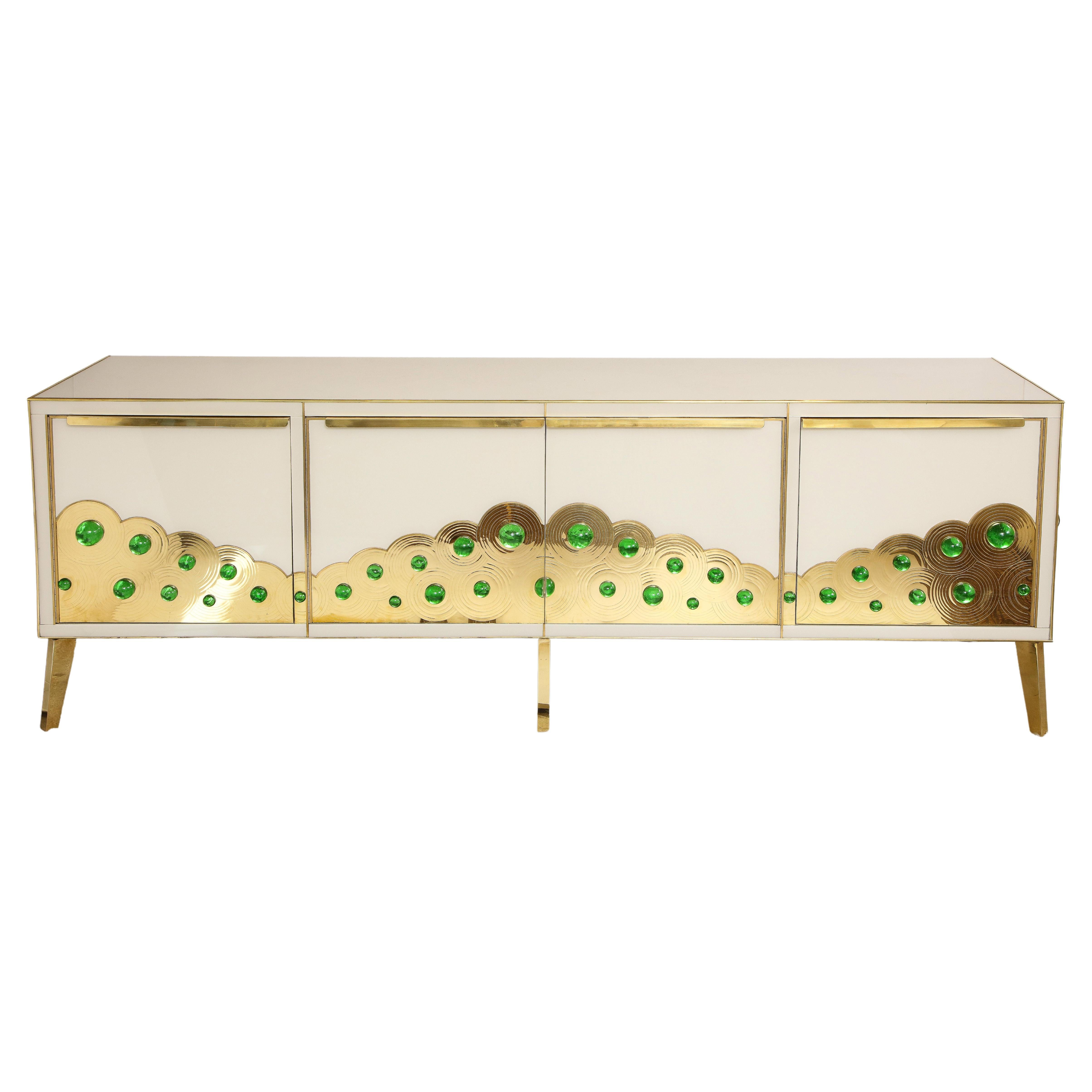 Pair Aubergine Glass with Clear Murano Spheres Cabinets with Brass Legs ...