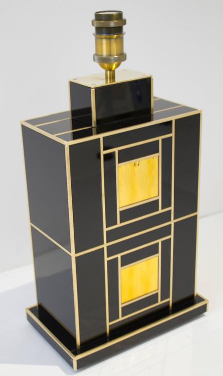 Pair of Signed Geometric Black and Gold Glass with Brass Inlays Lamps ...