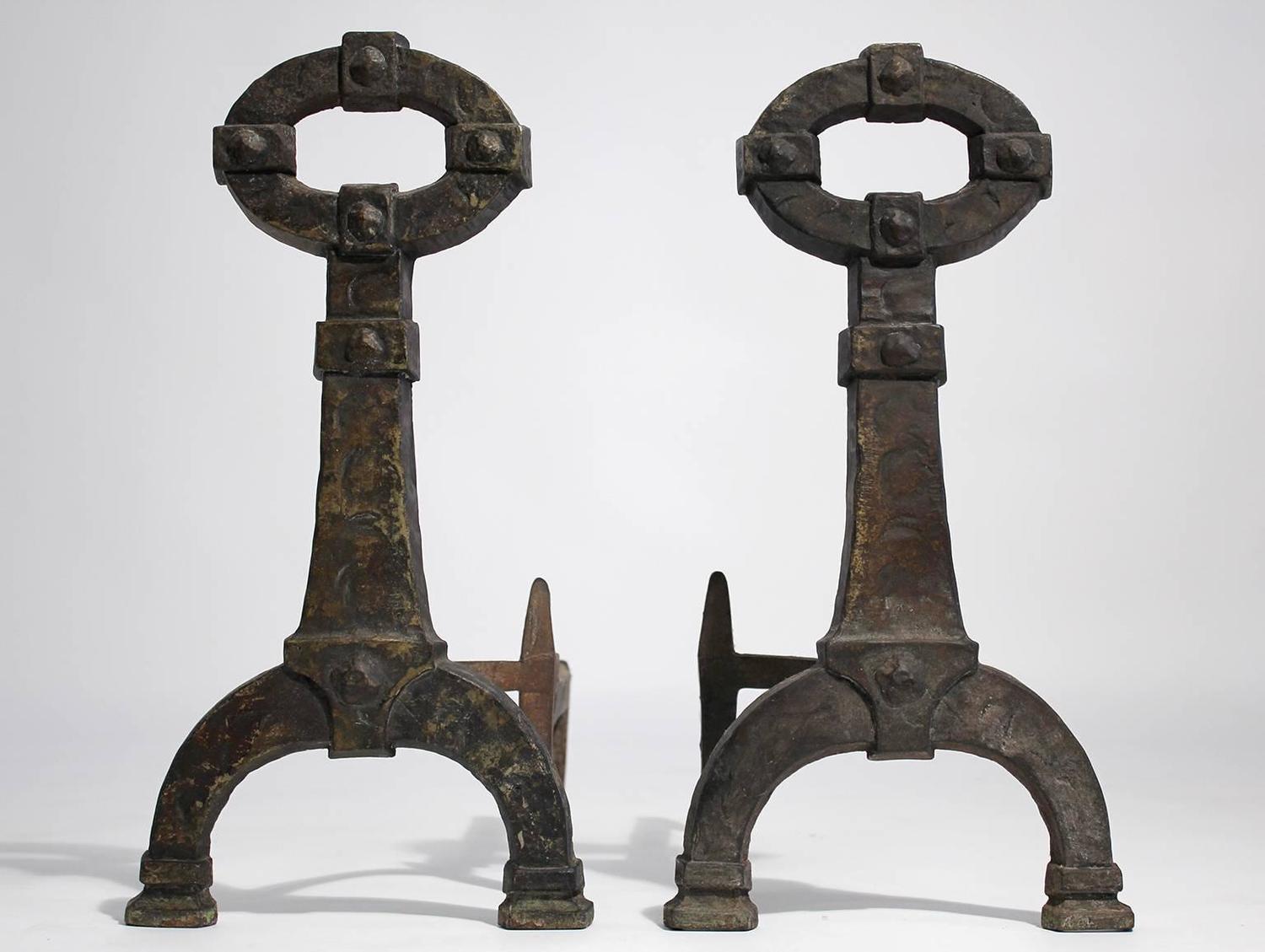 Antique Mission Arts and Crafts Cast Iron Pair of Andirons at 1stdibs