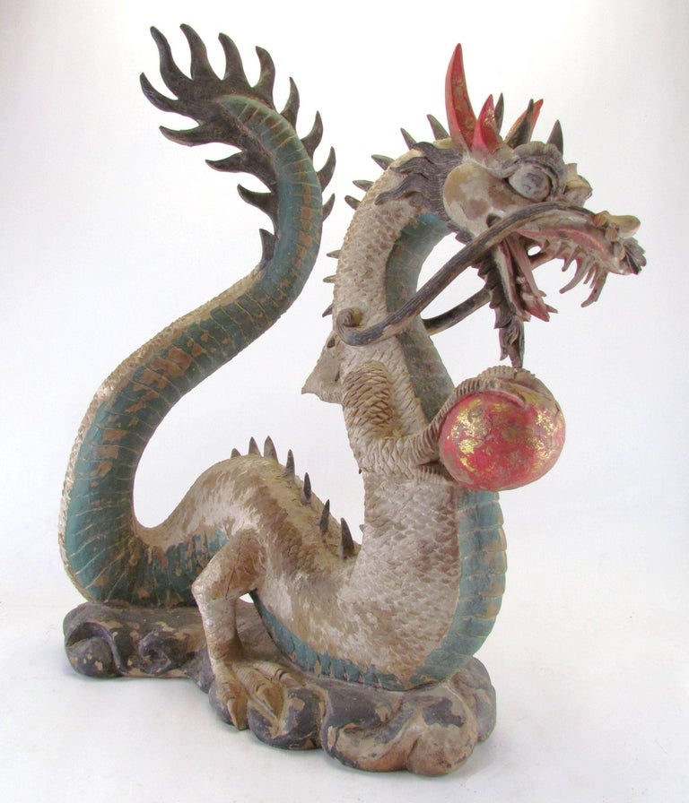 Antique 19th Century Polychrome Carved Chinese Dragon with Pearl For ...
