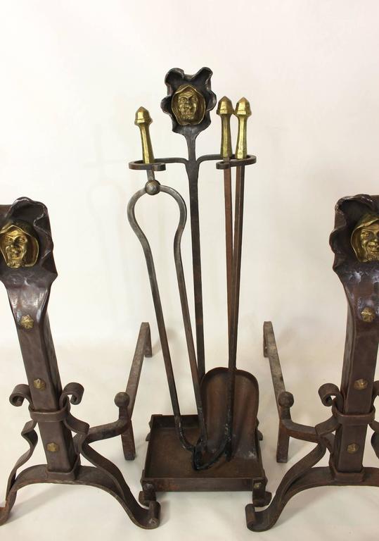 Set of Hand-Forged Steel and Gilt Brass Andirons and Fire Tools at 1stDibs