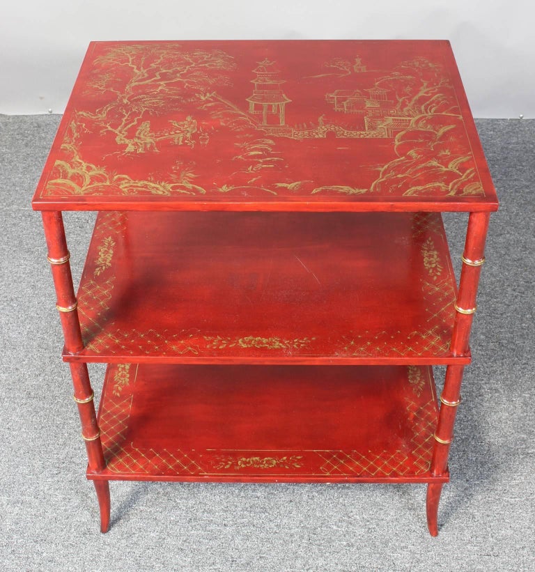 Red Chinoiserie Decorated Three-Tier Side Table or Étagère at 1stDibs