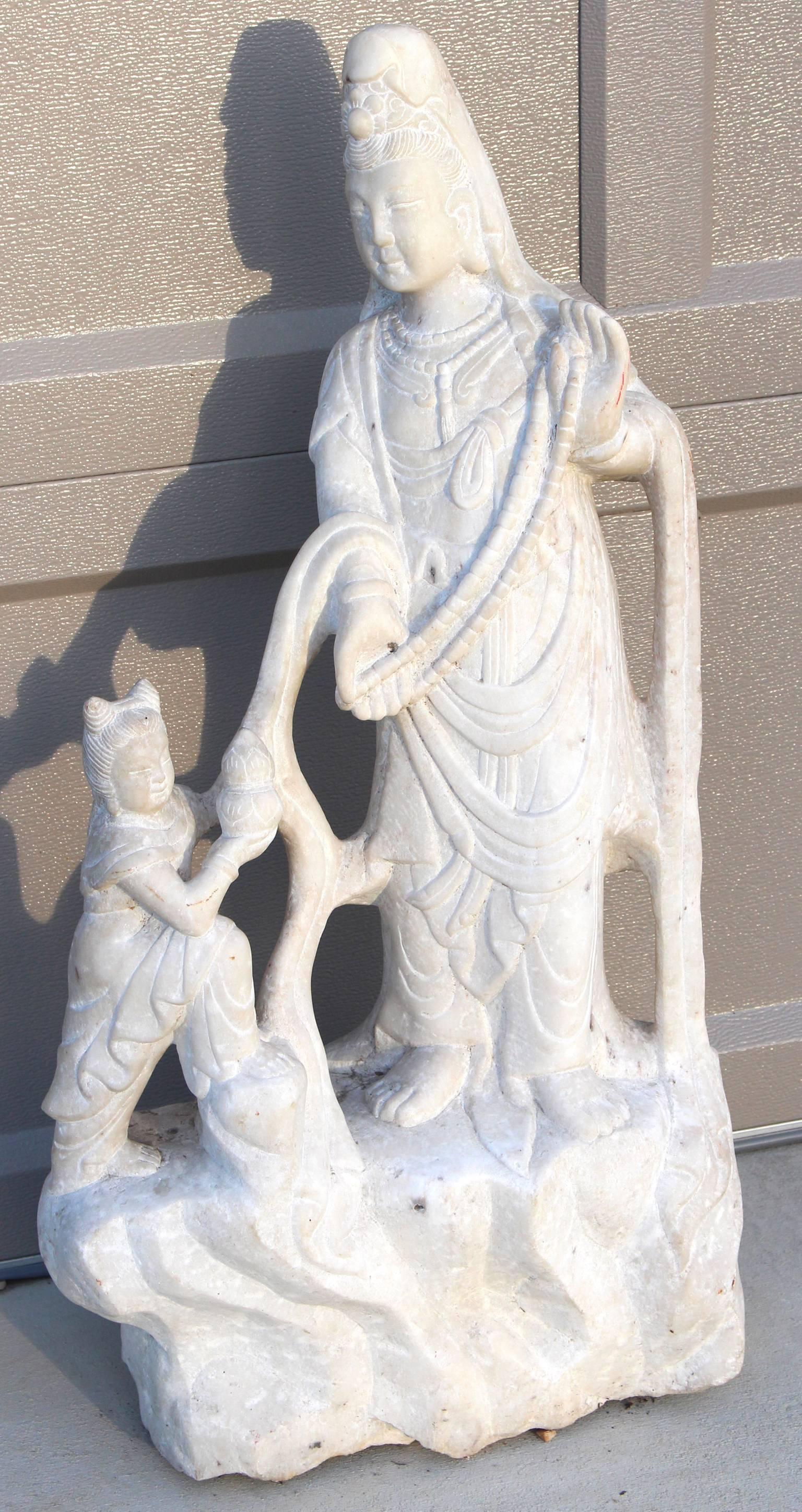 Large Carved Quartz Quan Yin with Attendant For Sale at 1stDibs