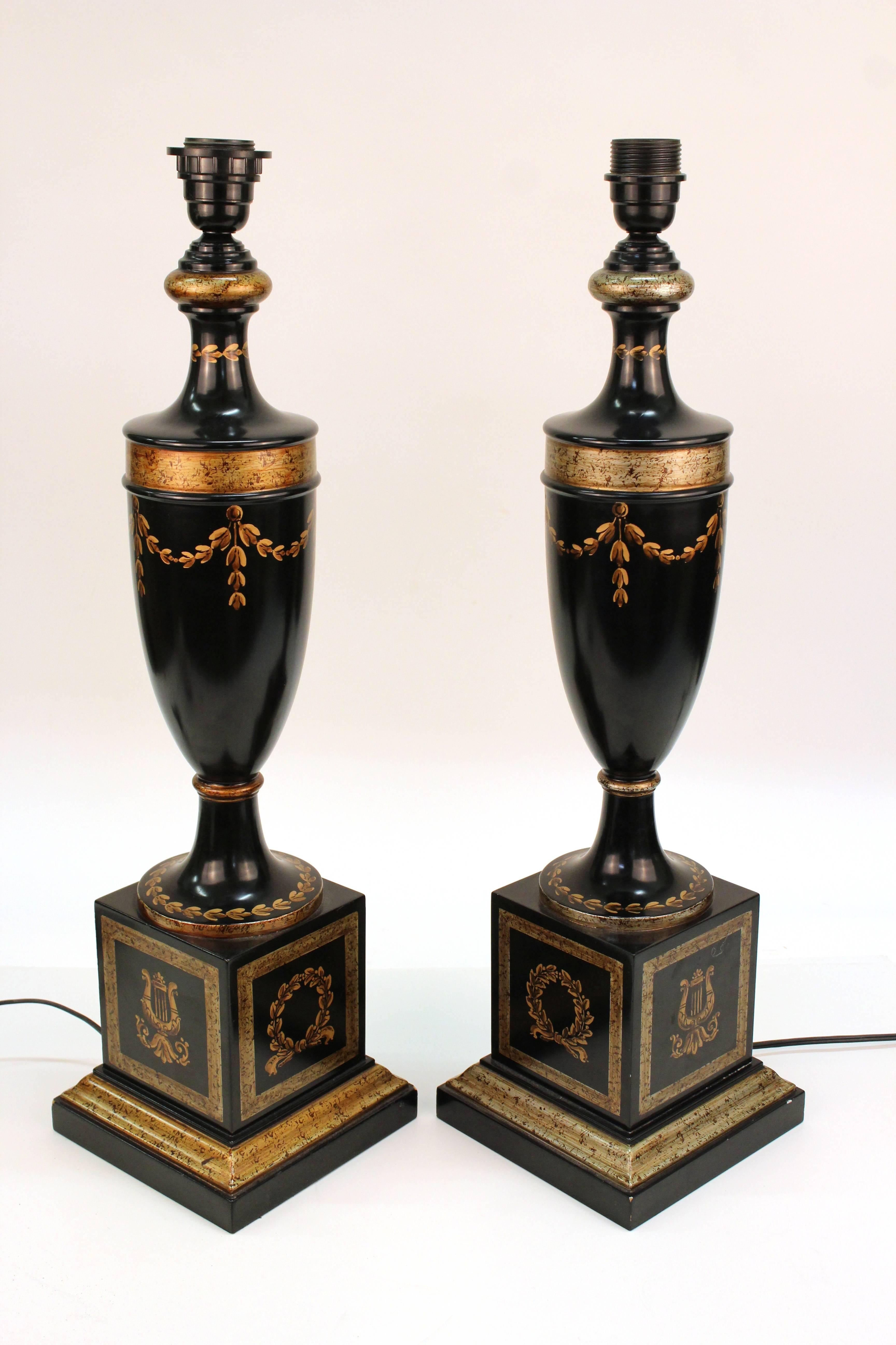 Villa Garnelo Neoclassical Gold-Painted Black Table Lamps at 1stDibs