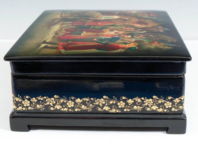 Russian Fedoskino Painted Black Lacquer Box, Signed and Dated 1989 at ...