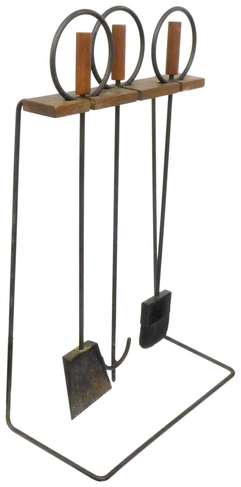 Set of Mid-Century Modern Wood and Iron Fire Tools at 1stDibs
