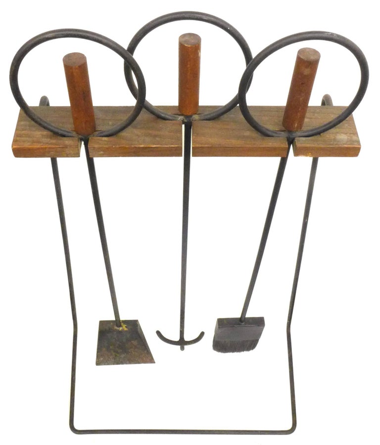 Set of Mid-Century Modern Wood and Iron Fire Tools at 1stDibs