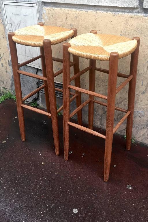 Rare Set of Six Rush Bar Stools in the Style of Charlotte Perriand For ...