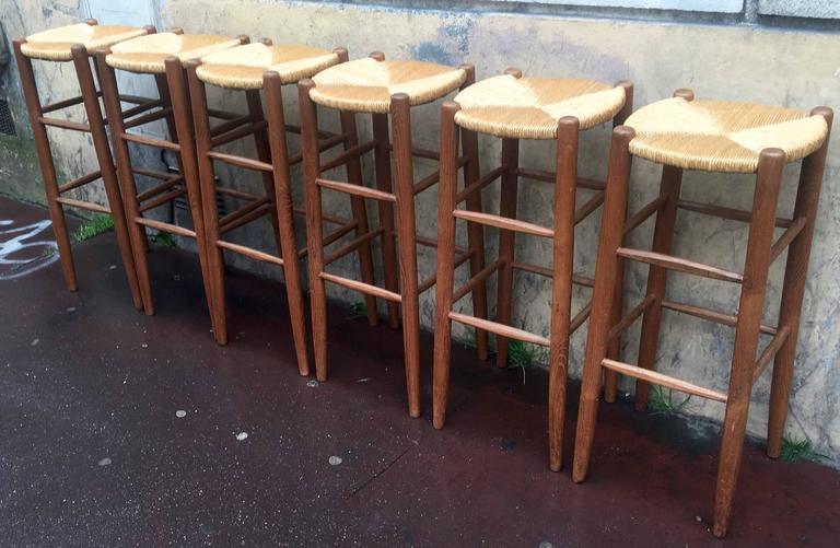 Rare Set of Six Rush Bar Stools in the Style of Charlotte Perriand For ...