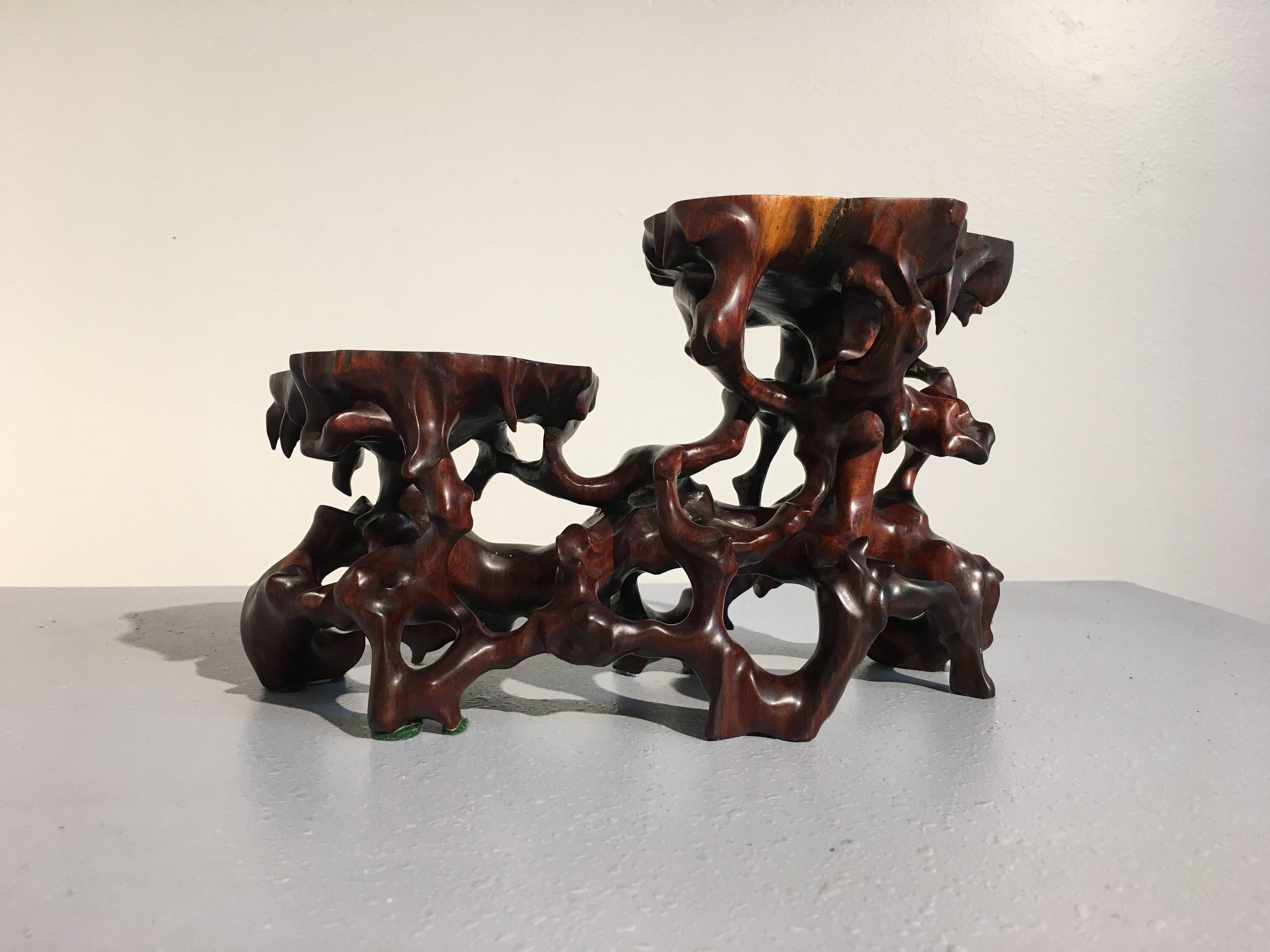 Chinese Republic Period Carved Hardwood Root-Form Double Display Stand ...