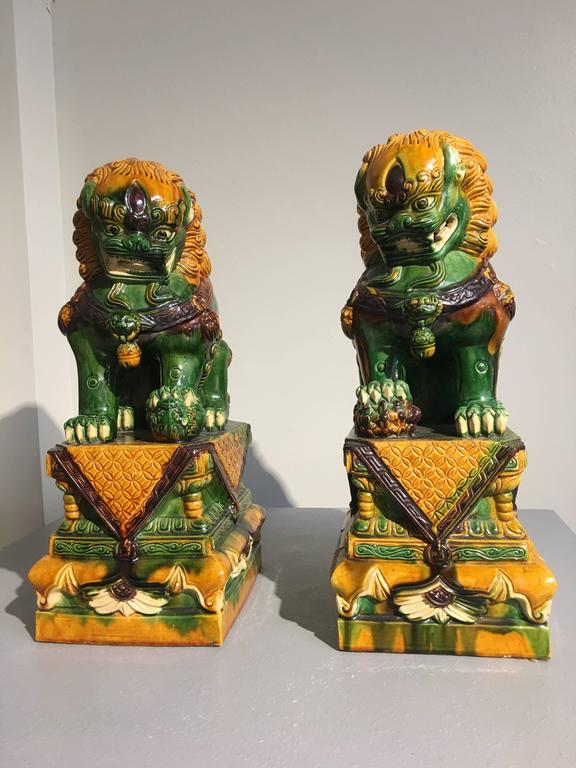 Pair of Chinese Sancai Glazed Foo Lions at 1stDibs