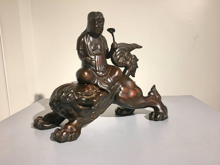 Japanese Art Deco Bronze Sculpture of Monju Bosatsu on a Shishi at ...