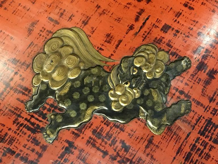 Japanese Negoro Lacquer Low Table with Shishi Design, Dated 1928 at 1stDibs